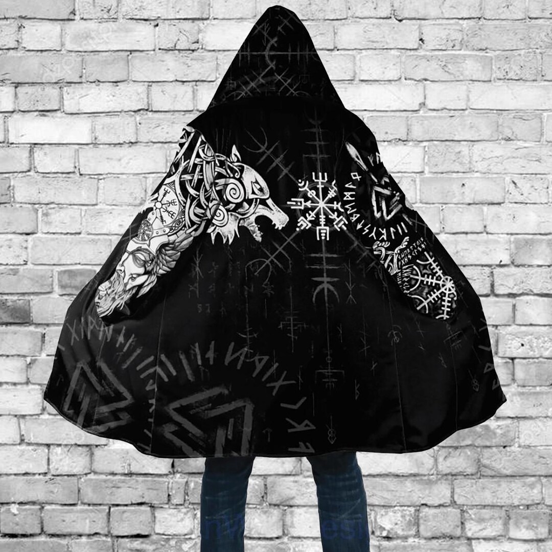 Viking Wolf Hooded Cloak, Norse Rune Symbol Cloak, Black Gothic ...