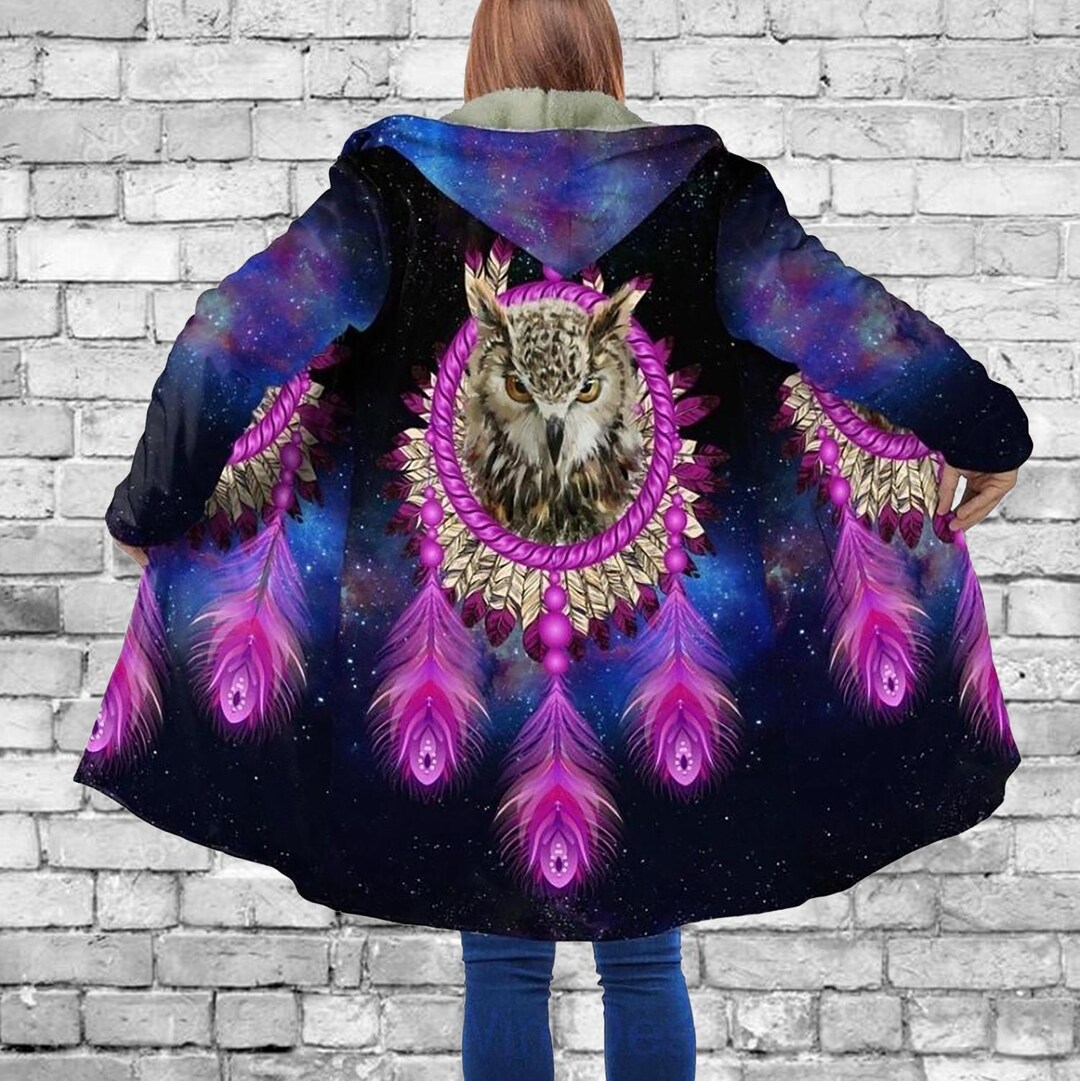 Owl Spirit Hooded Cloak, Galaxy Feather Pattern Coat, Boho Festival ...