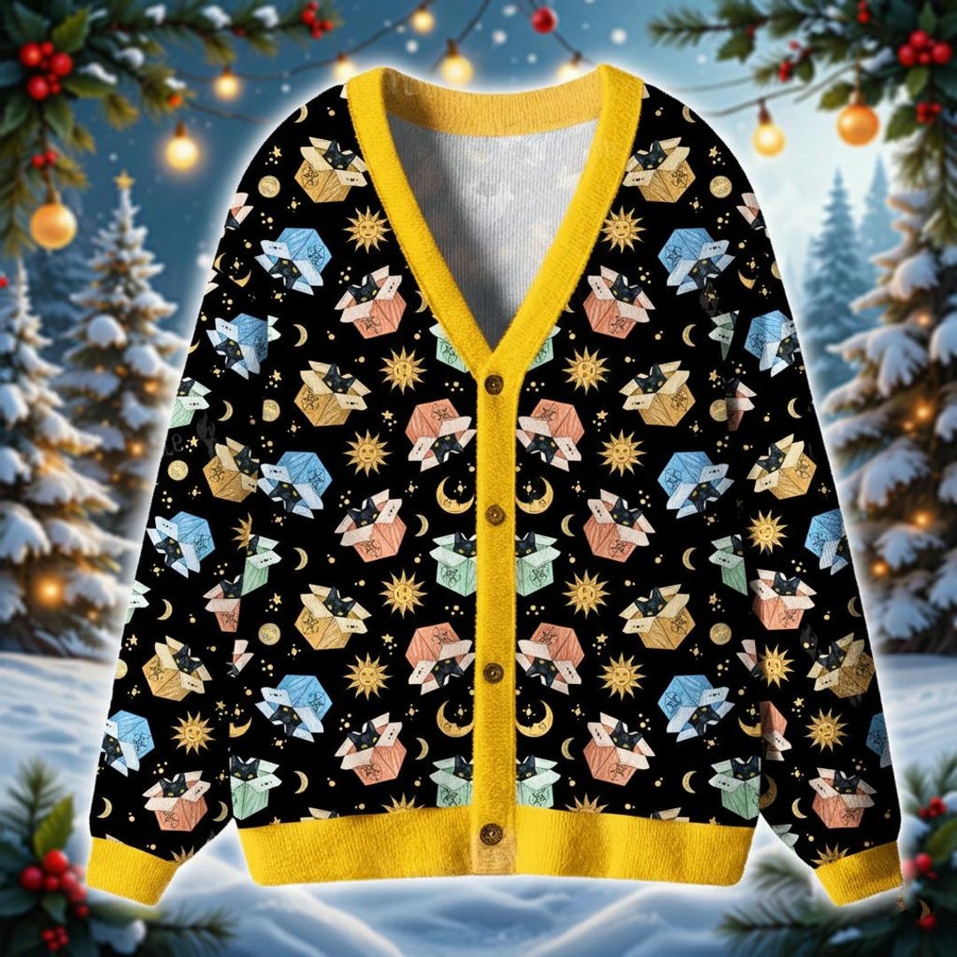 Celestial Origami Fox Cardigan, Black Knit Sweater With Moon and Sun ...