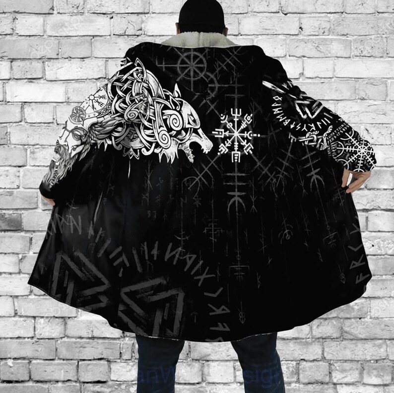 Viking Wolf Hooded Cloak, Norse Rune Symbol Cloak, Black Gothic ...