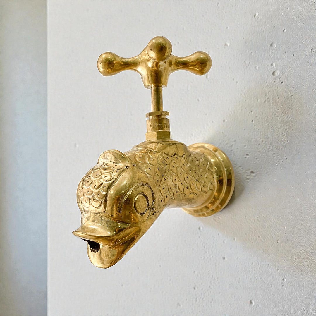 Unlacquered Brass Fish Faucet Wall Mount Cold Water Tap Engraved ...