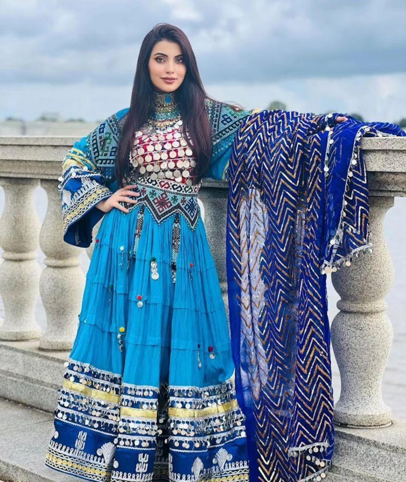 Traditional Handmade Afghan Kuchi Dress – Vibrant Blue Embroidered Gown ...