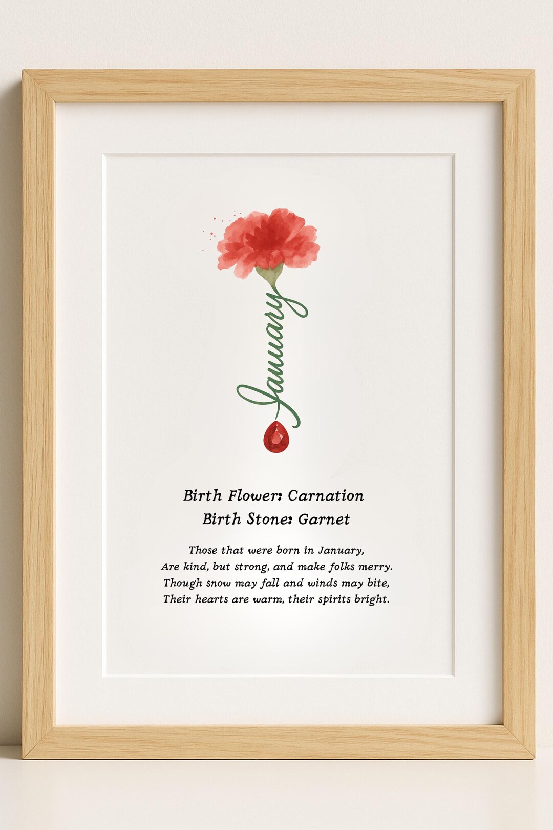 January Birth Month Printable • Carnation & Garnet • Bespoke Birth ...