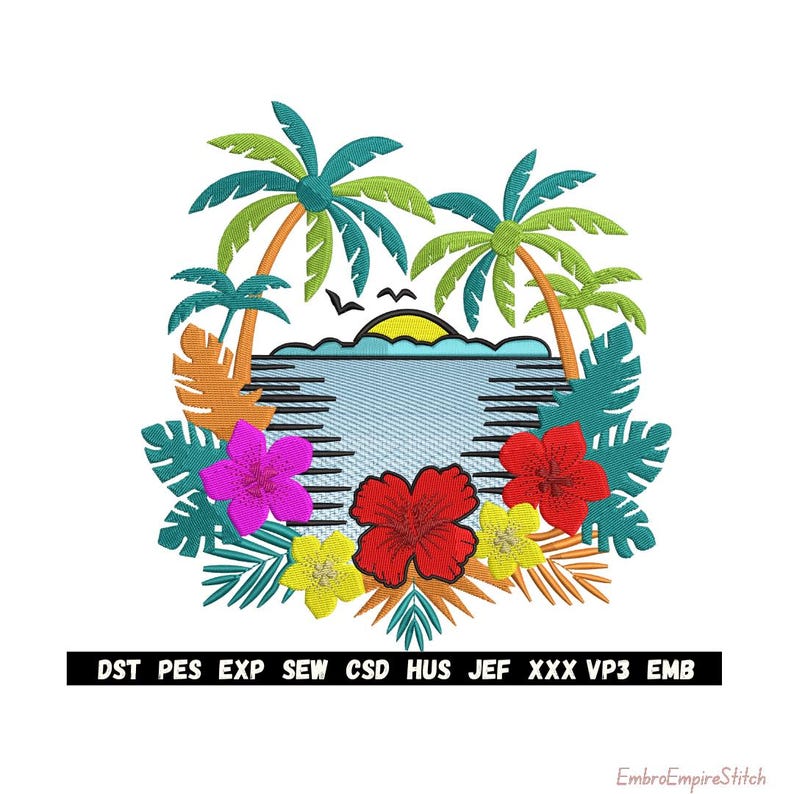 Beach Scene Machine Embroidery Design | Floral Palm Tree PES File ...