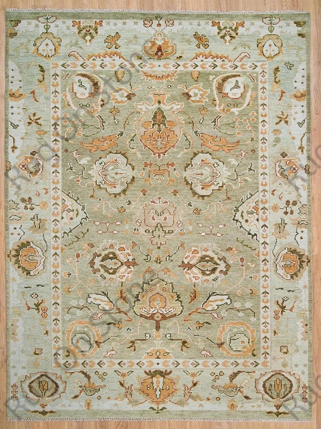 Hand-knotted Oushak Rug Sage Green & Rust | Turkish Wool Area Carpet ...