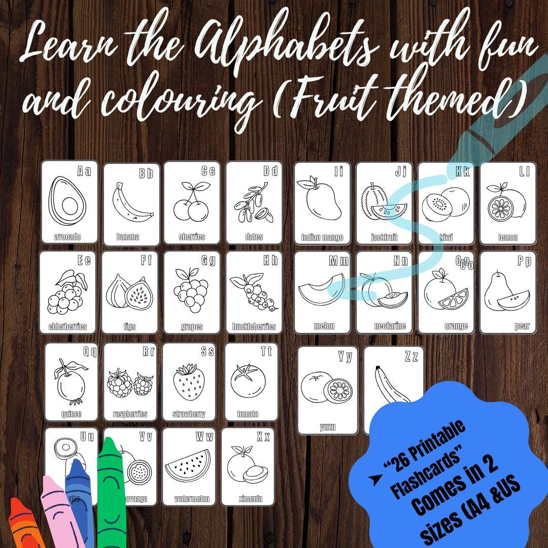 Fruit Alphabet Coloring Flashcards Printable ABC Learning (digital ...