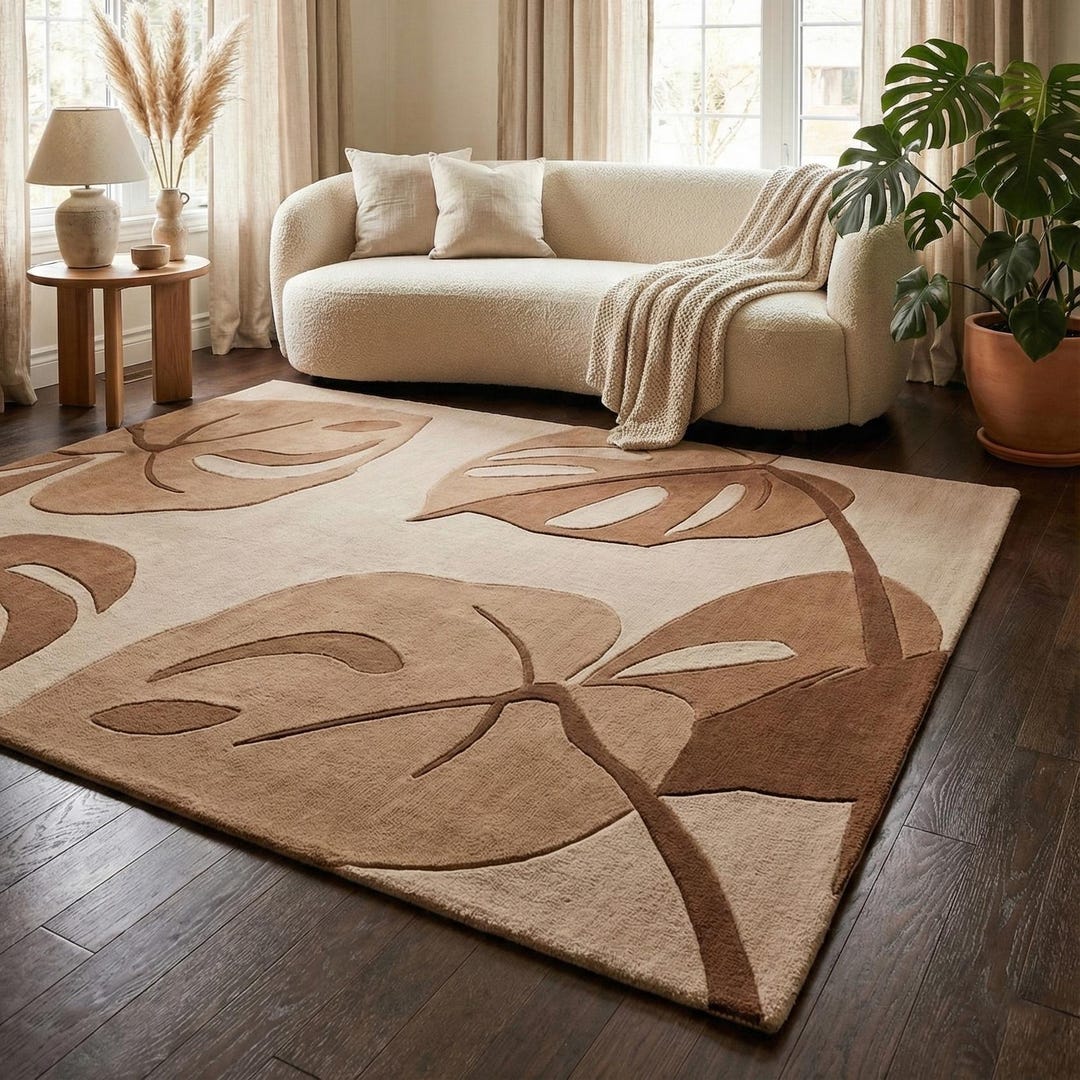 Neutral Monstera Leaf Area Rug, Beige Botanical Handmade Rug, Modern ...