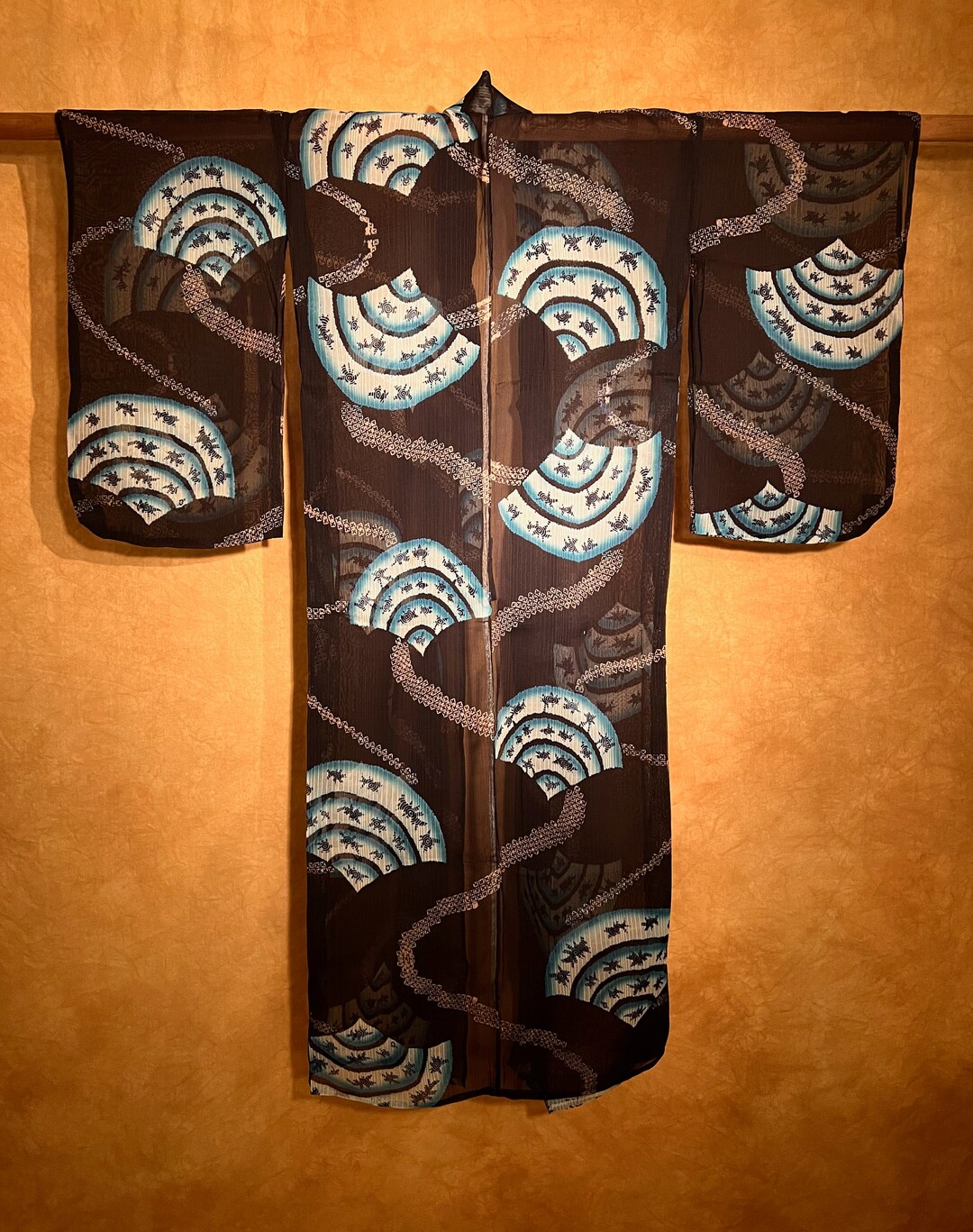 Antique Silk Sha Unlined Hitoe Kimono / Turquoise and Black Nice Design ...