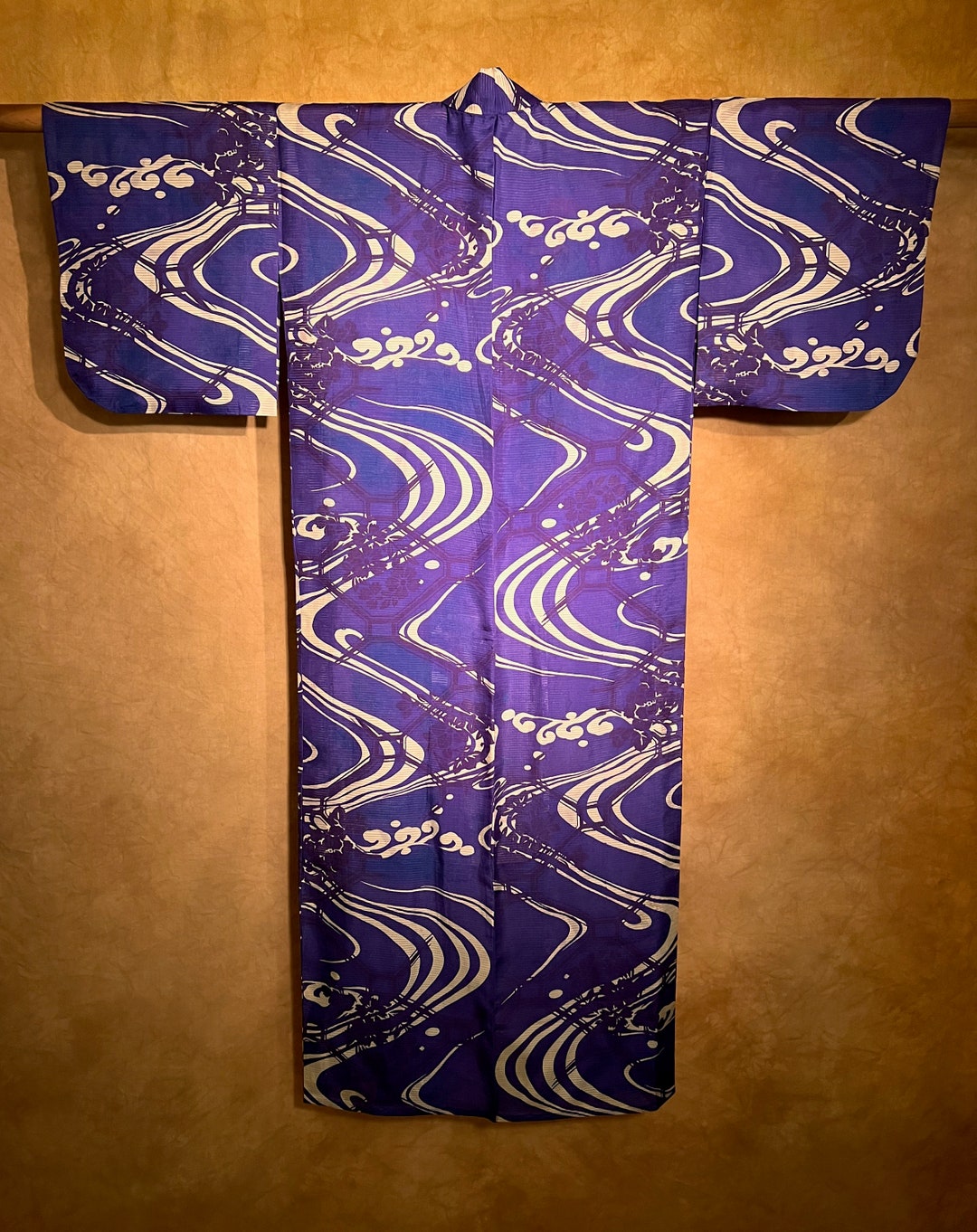 Antique Silk Ro Unlined Hitoe Kimono / Wave Pattern Blue Purple Nice ...