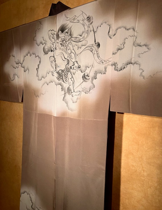 Antique Silk Juban Kimono / Raijin Hand Painted Rare! - Gem