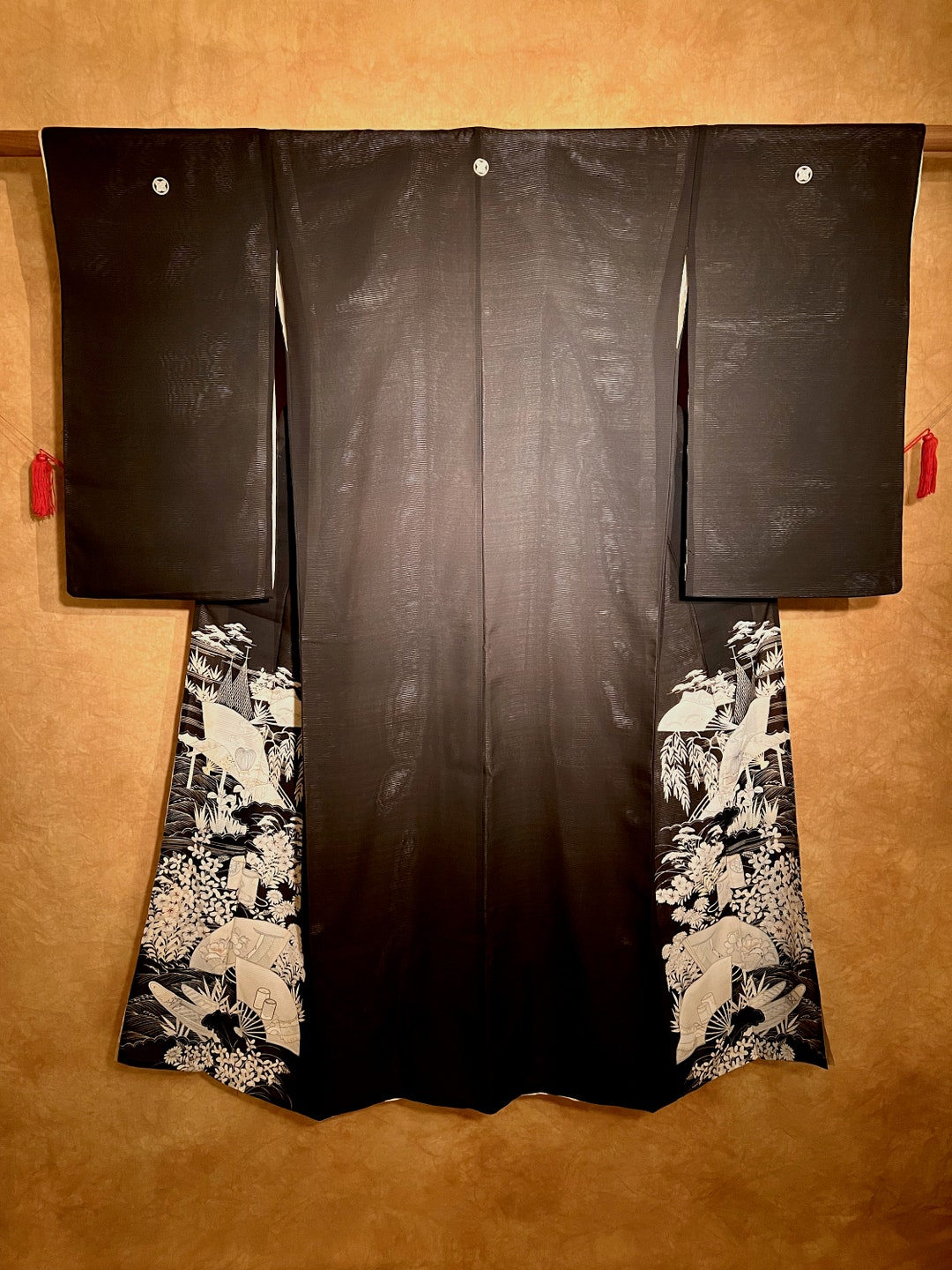 Antique Silk Black Tomesode Summer Kimono / Five Crest Cool High ...