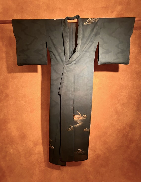 Antique Silk Unlined Hitoe Kimono / Beautiful Dark Gr… - Gem