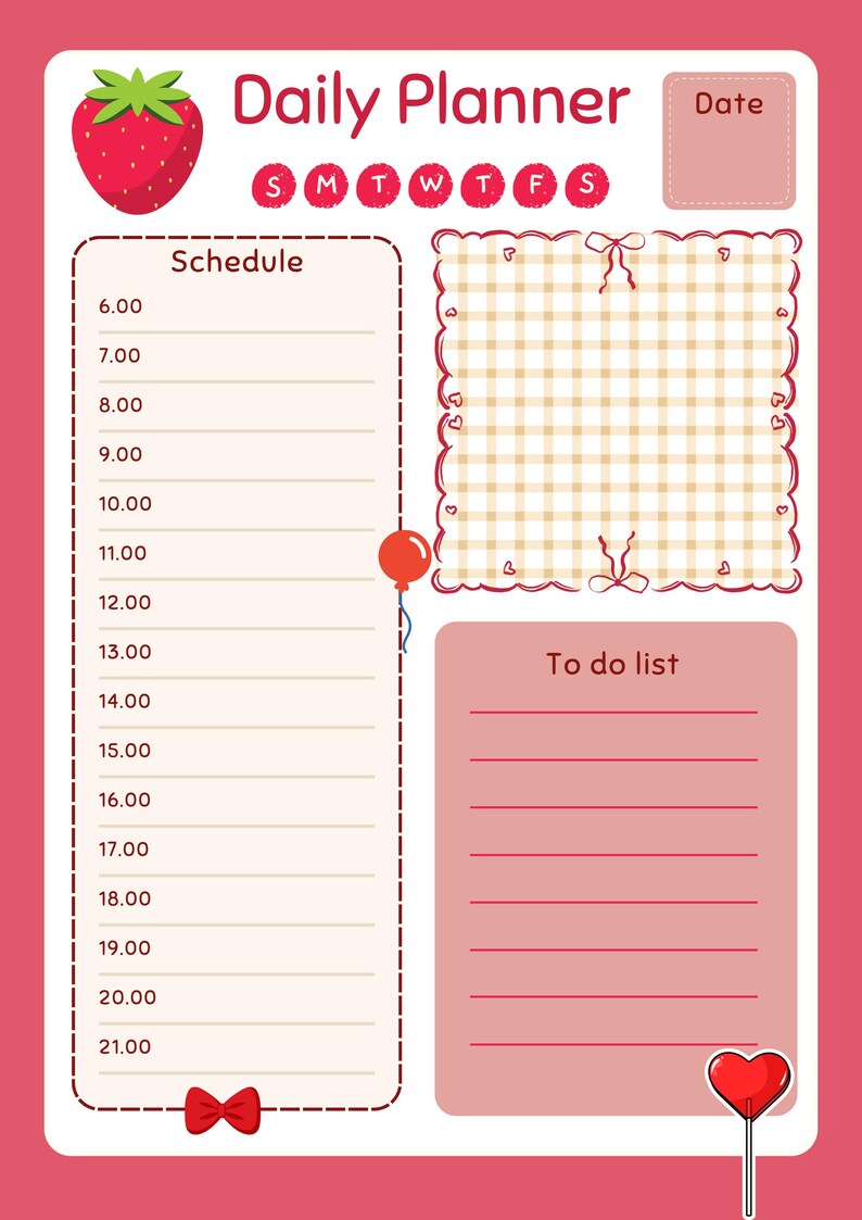 Strawberry Coquette Daily Planner | Cute Aesthetic Printable | Hourly ...