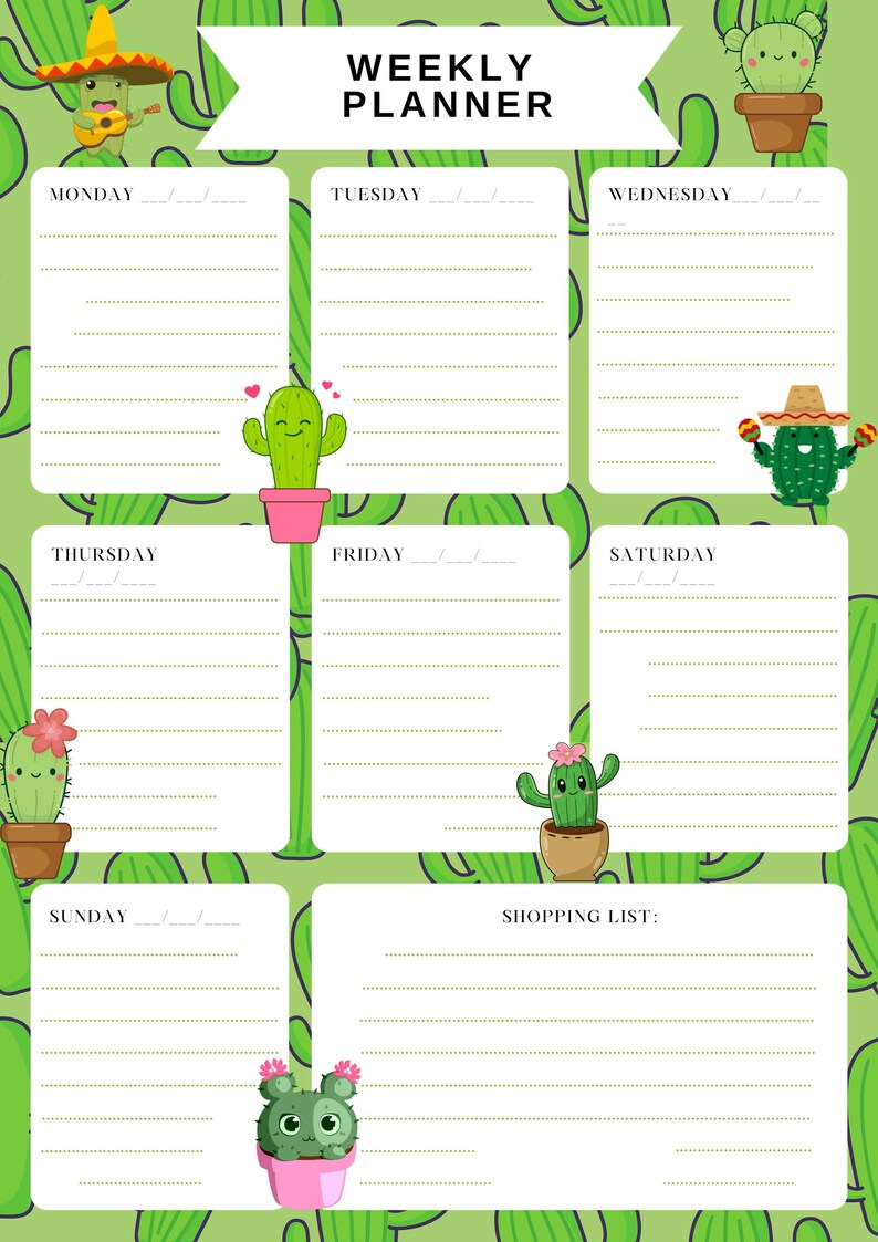 Green Cute Cactus Weekly Planner | Schedule Organizer With Shopping ...