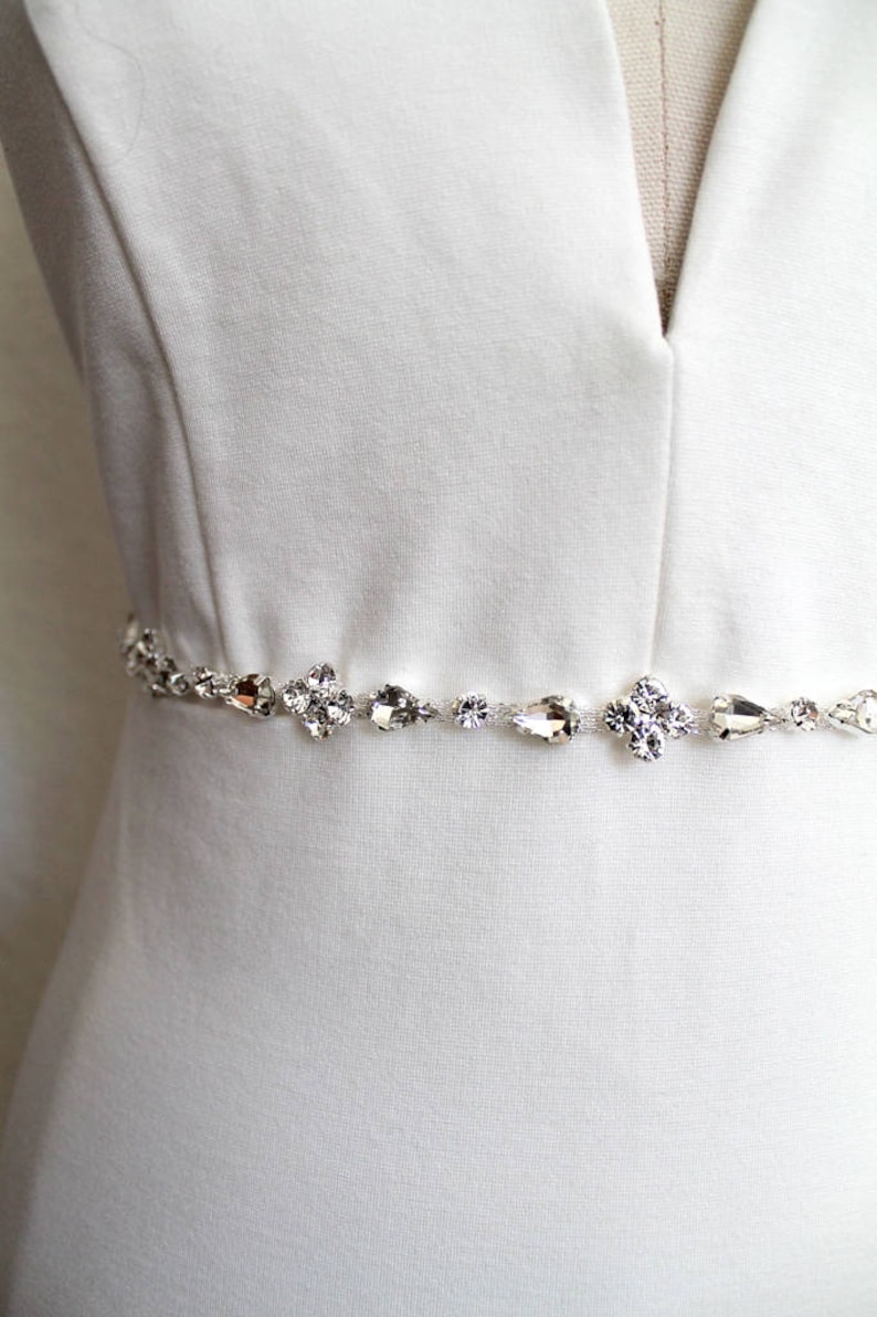 Bridal Thin Silver Crystal Flower Belt. Dainty Rhinestone | Etsy