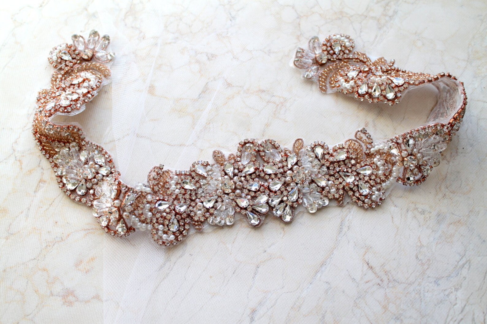 Rose Gold Luxury Embroidered Hand Beaded Bridal Sash. Elegant | Etsy