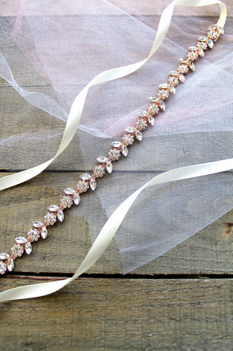 Bridal Rose Gold Crystal Flower Belt. Blush Thin Rhinestone - Etsy