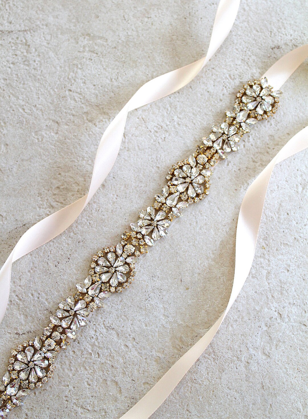 Gold Crystal Bridal Sash. Gold Rhinestone Wedding Sash. Beaded ...