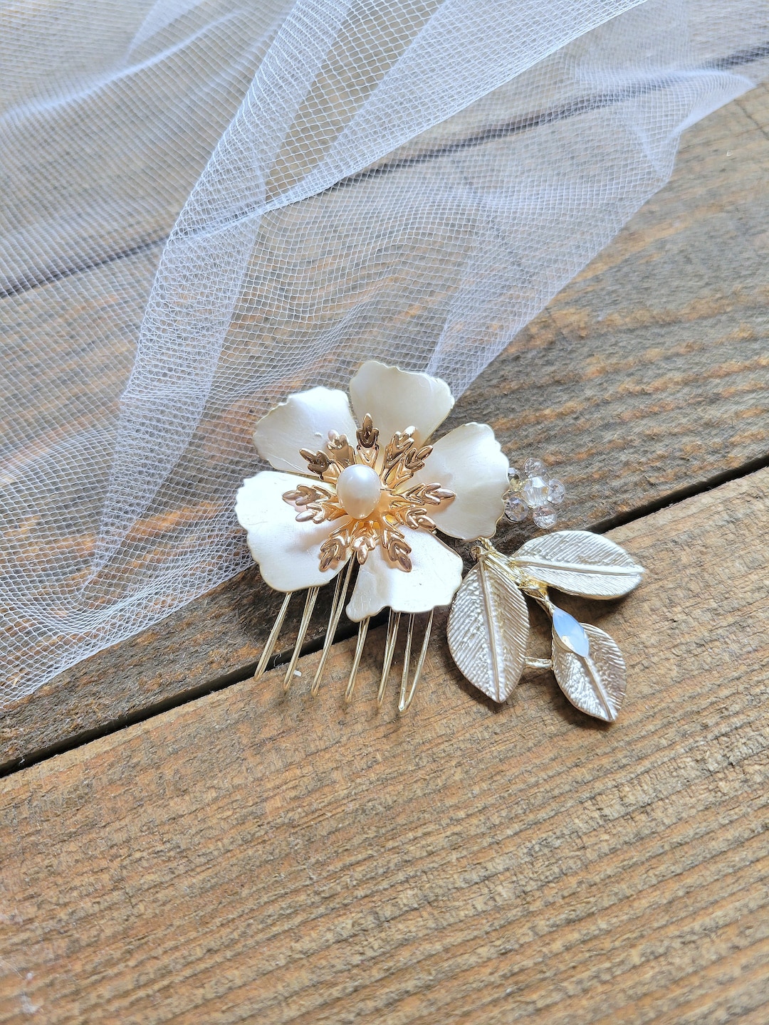Bridal Gold Hair Comb: Iridescent Ivory Flower, Freshwater Pearl, Opal ...