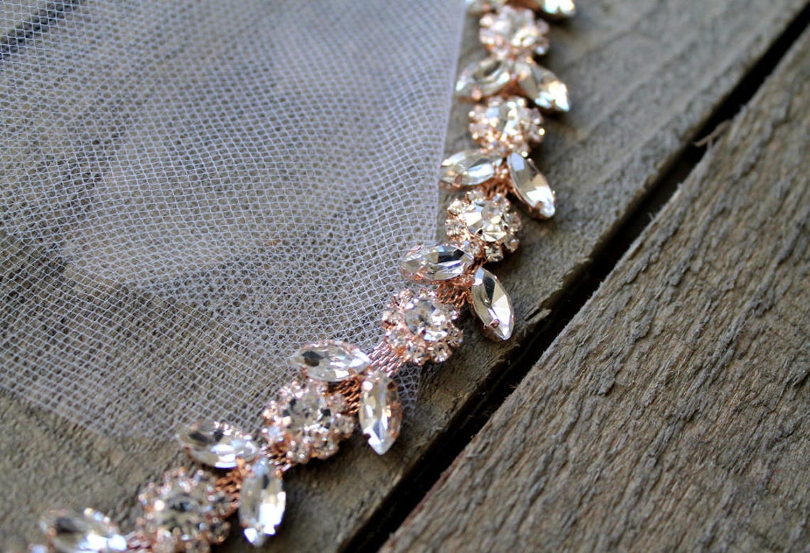 Bridal Rose gold Crystal Flower Belt. Blush Thin Rhinestone | Etsy