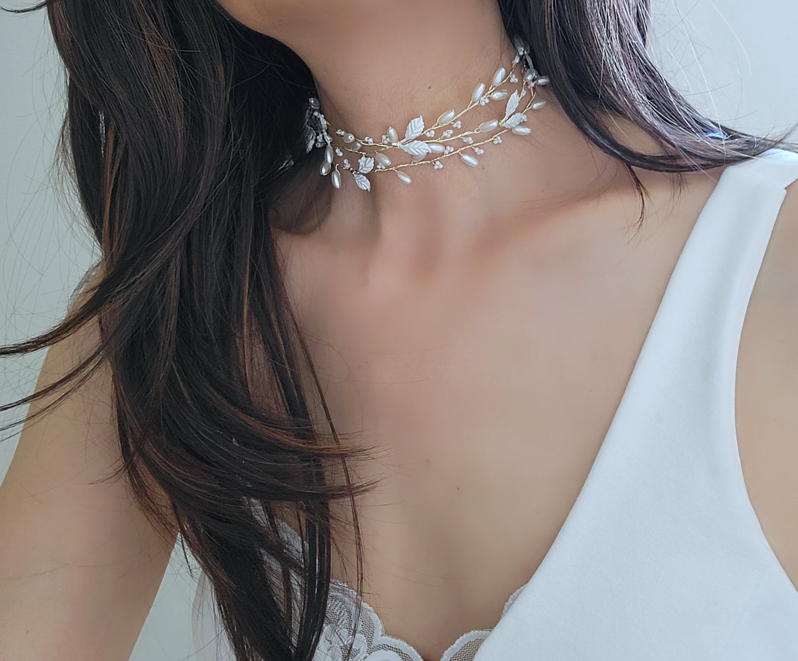 Pearl Leaf Vine Choker Necklace. Gold Bridal Delicate Hand Wired Ribbon Necklace. Wedding ...