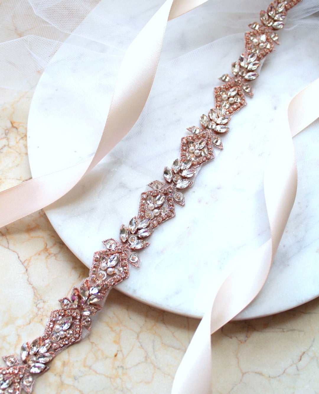 Luxury Crystal Rose Gold Embroidered Beaded All Around Bridal Sash ...