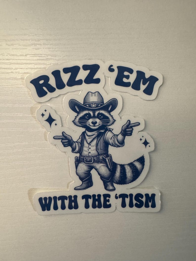 Cowboy Raccoon “rizz ‘em With the ‘tism” Sticker – Playful Western ...