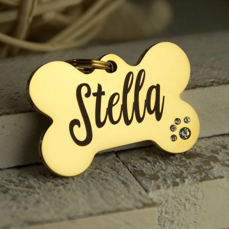 Personalized Gold Dog Tag with crystals Dog Name Tag Dog | Etsy