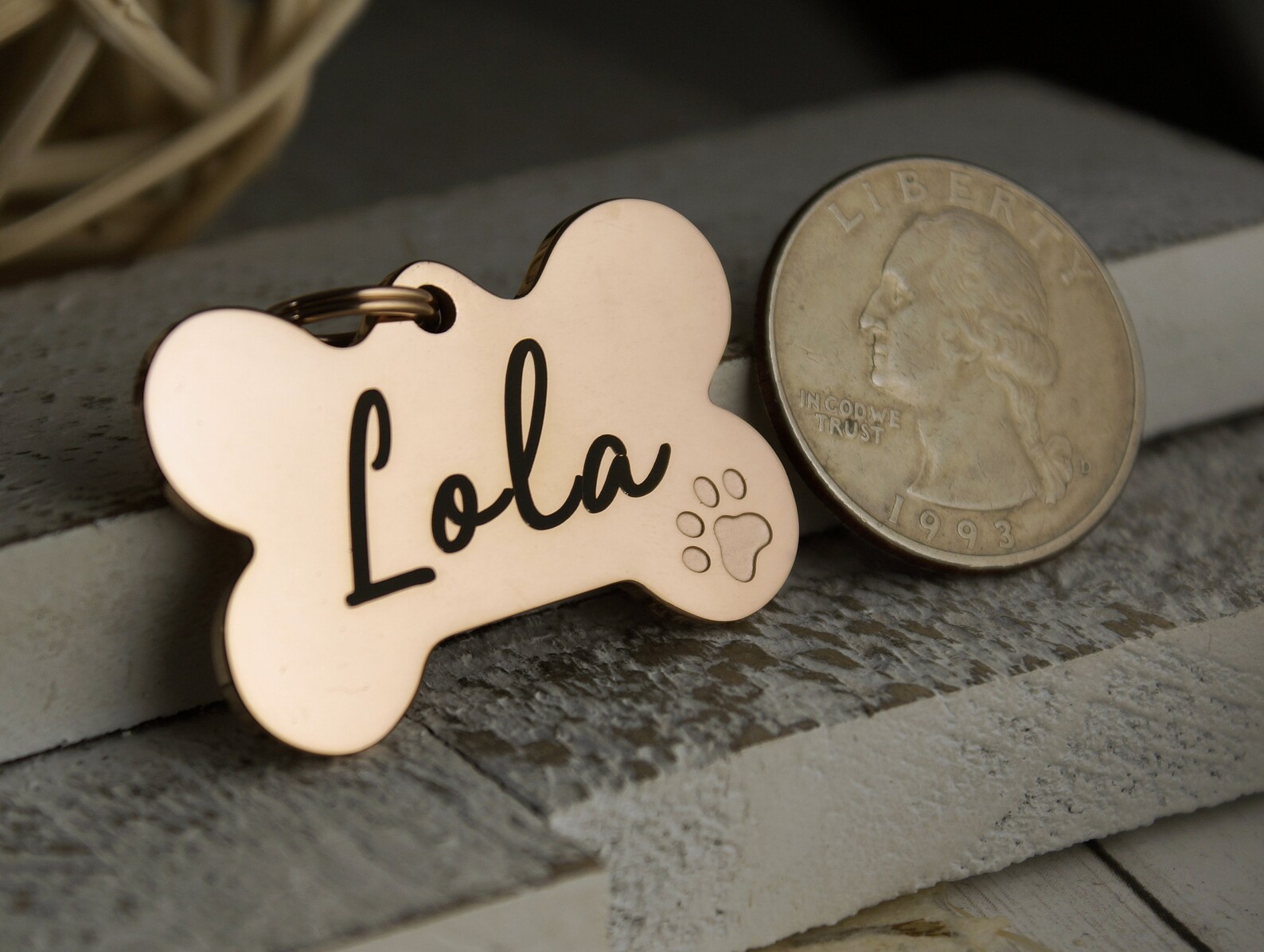 Rose Gold Personalized Dog Bone ID Tag With Dog Paw Imprint - Etsy