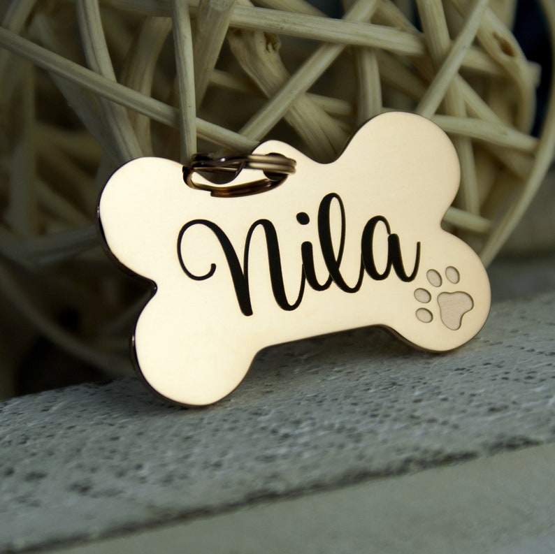 Rose Gold Personalized Dog Bone ID Tag with dog paw imprint | Etsy