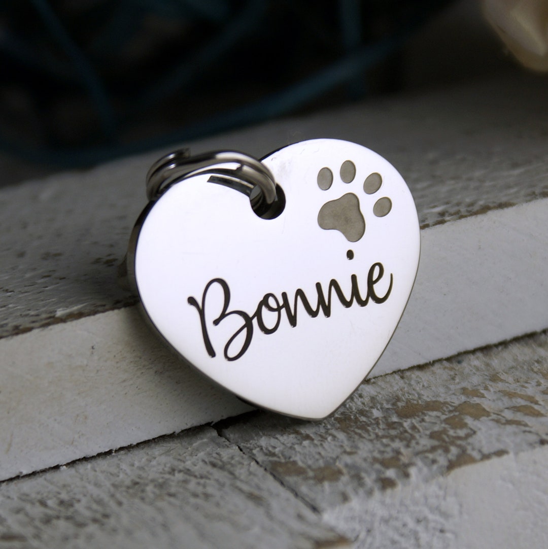 Heart Pet ID Tag With Paw Print: Engraved Stainless Steel Dog Cat Name ...