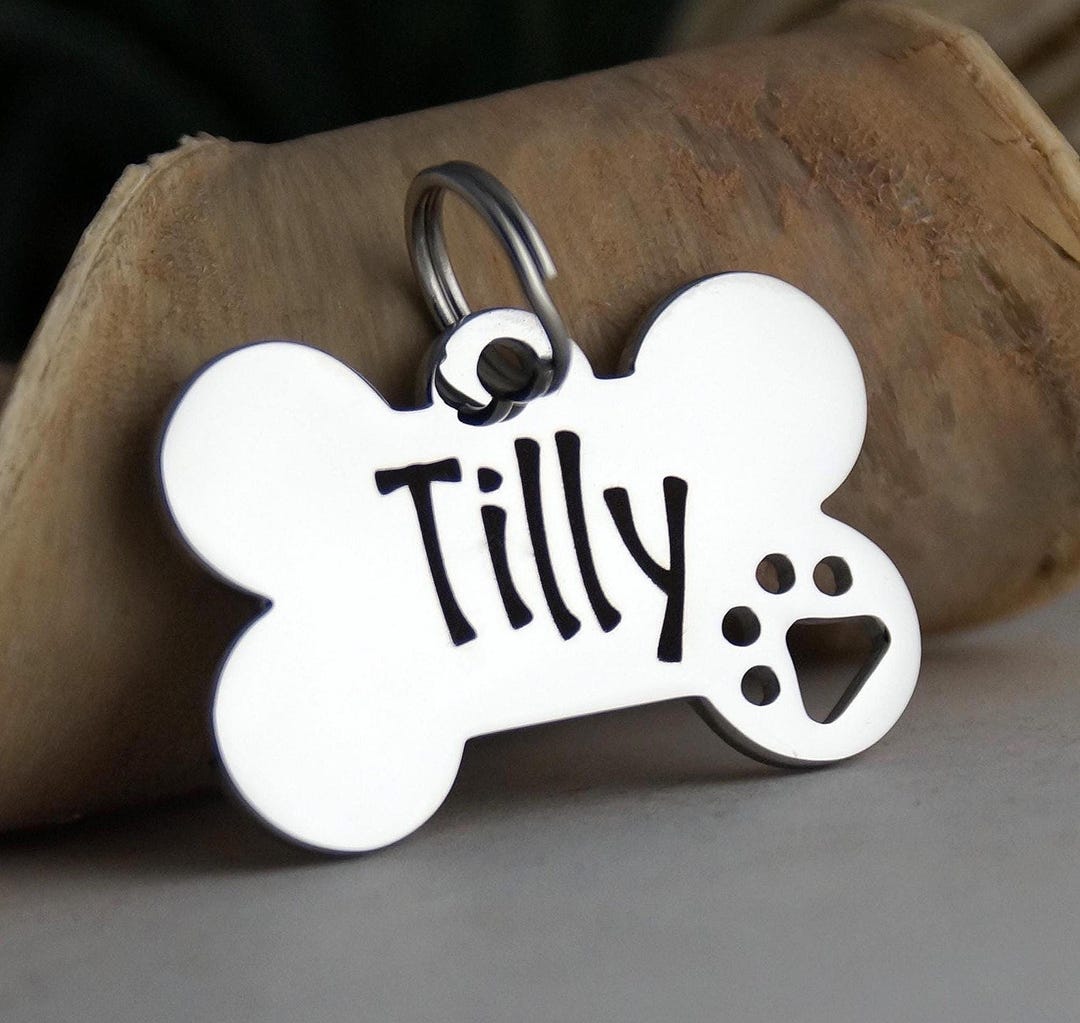 Personalized Dog Bone ID Tag: Stainless Steel With Paw Print Cutout - Etsy