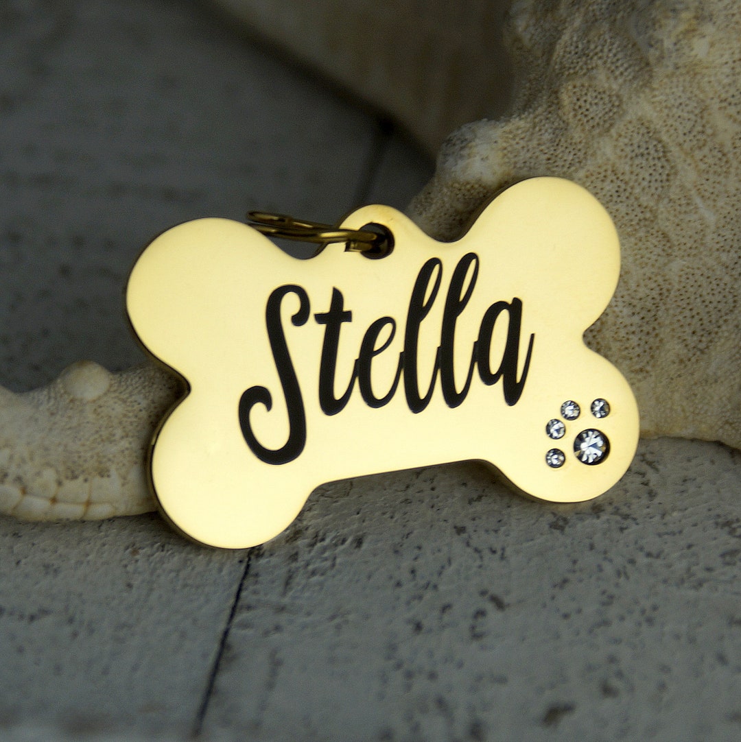 Personalized Gold Dog Tag With Crystals Dog Name Tag Dog Bone Tag ID ...