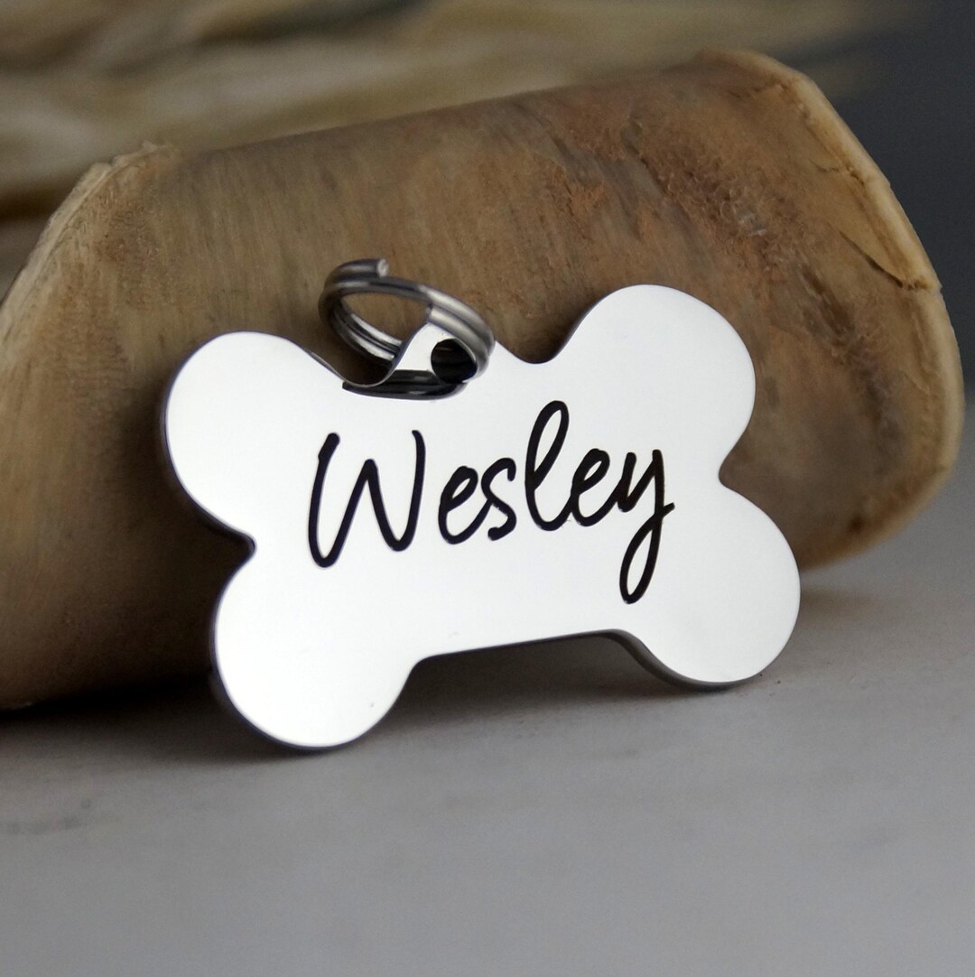 Personalized Dog Bone ID Tag: Stainless Steel Pet Collar Charm - Etsy