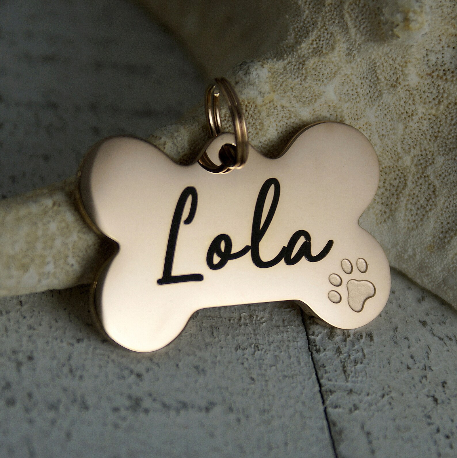 Rose Gold Personalized Dog Bone ID Tag With Dog Paw Imprint | Etsy
