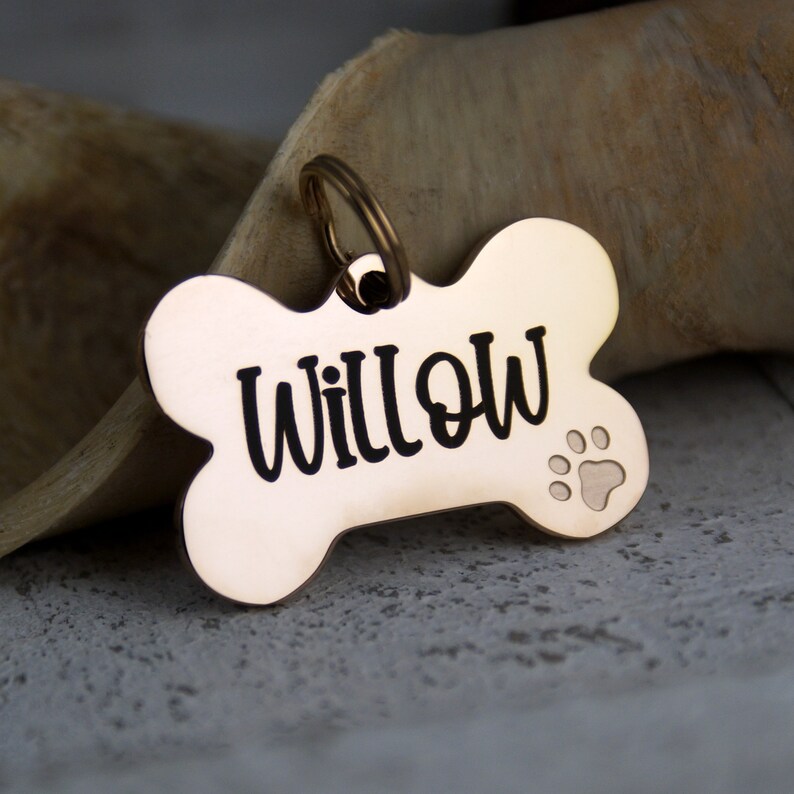 Rose Gold Personalized Dog Bone ID Tag With Dog Paw Imprint | Etsy