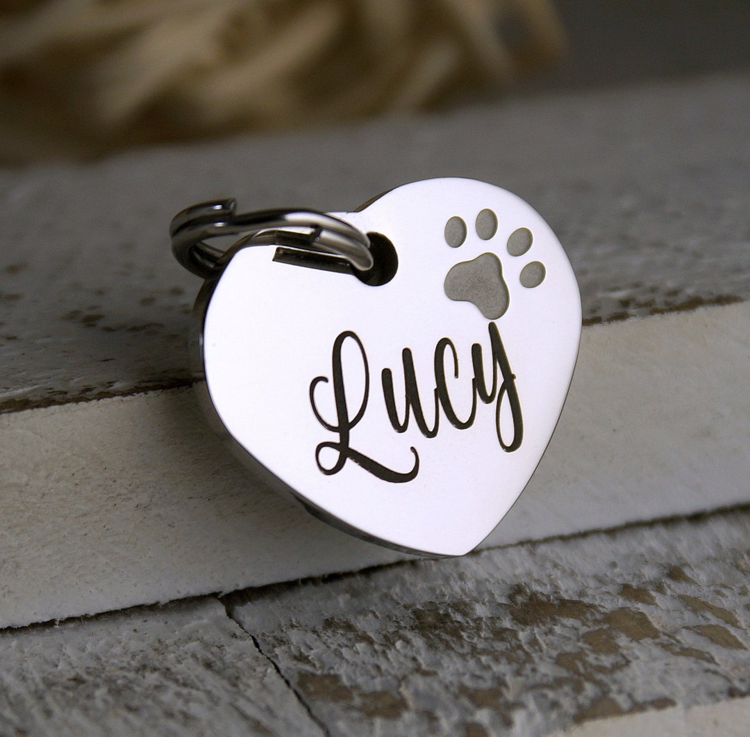 Paw Print Heart Pet ID Tag: Engraved Stainless Steel Dog Cat Name Tag ...