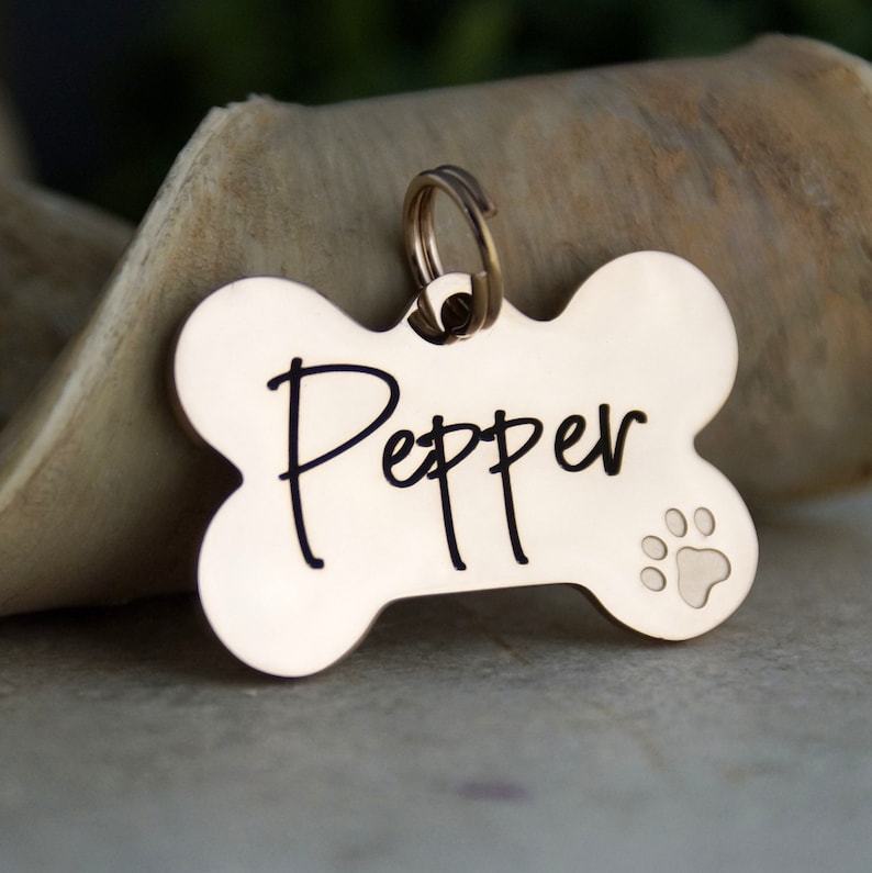 Rose Gold Personalized Dog Bone ID Tag With Dog Paw Imprint - Etsy