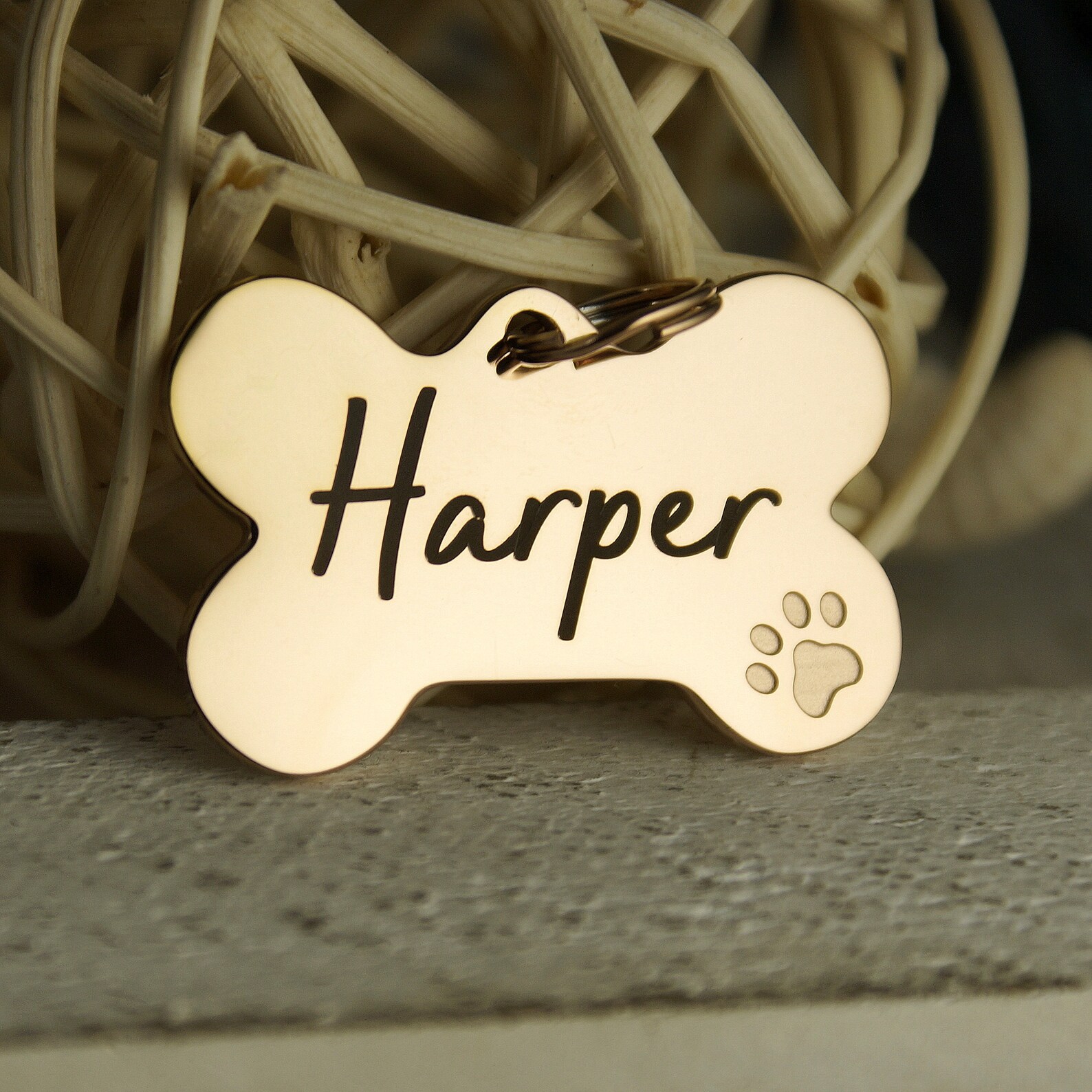 Rose Gold Personalized Dog Bone ID Tag With Dog Paw Imprint | Etsy