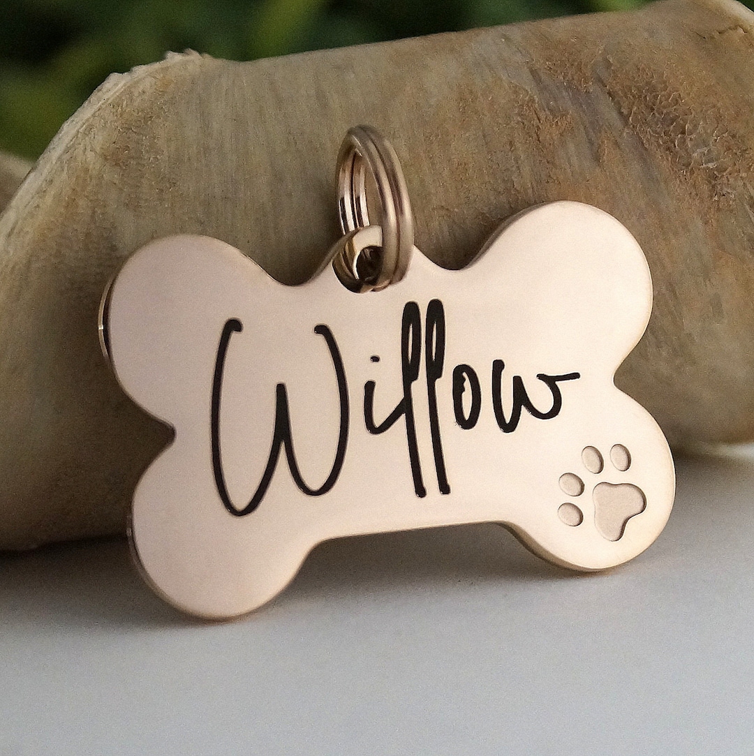 Rose Gold Personalized Dog Bone ID Tag With Dog Paw Imprint: Name Tag ...