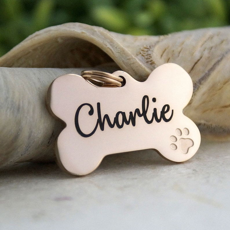 Rose Gold Personalized Dog Bone ID Tag With Dog Paw Imprint - Etsy