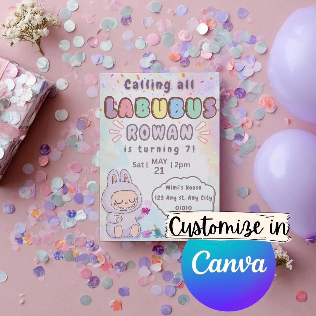 Labubu Birthday Invitation: Pastel Bubble Letters, Editable Canva ...