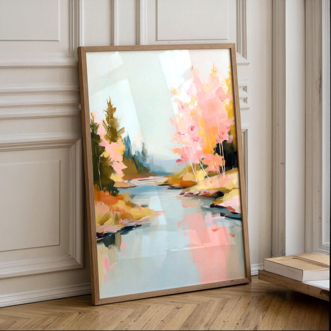 Soft River Landscape Wall Art, Colorful Fall Trees, Creek Painting ...