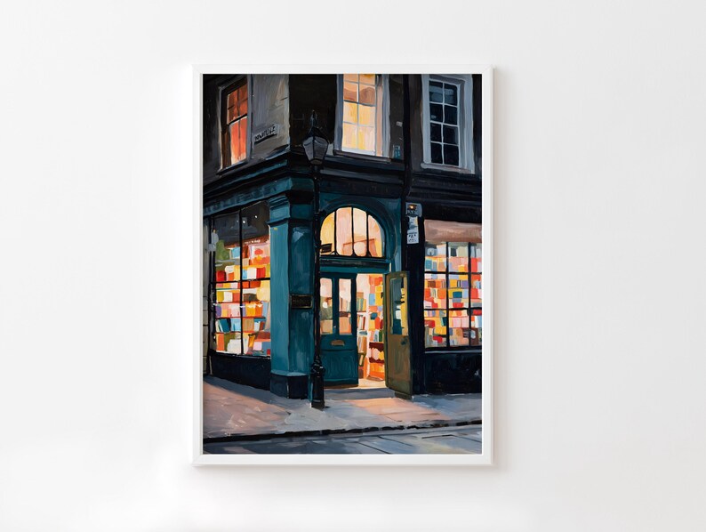 London Night Bookstore Dark Art Print: Cozy Bookshop Reading Nook ...
