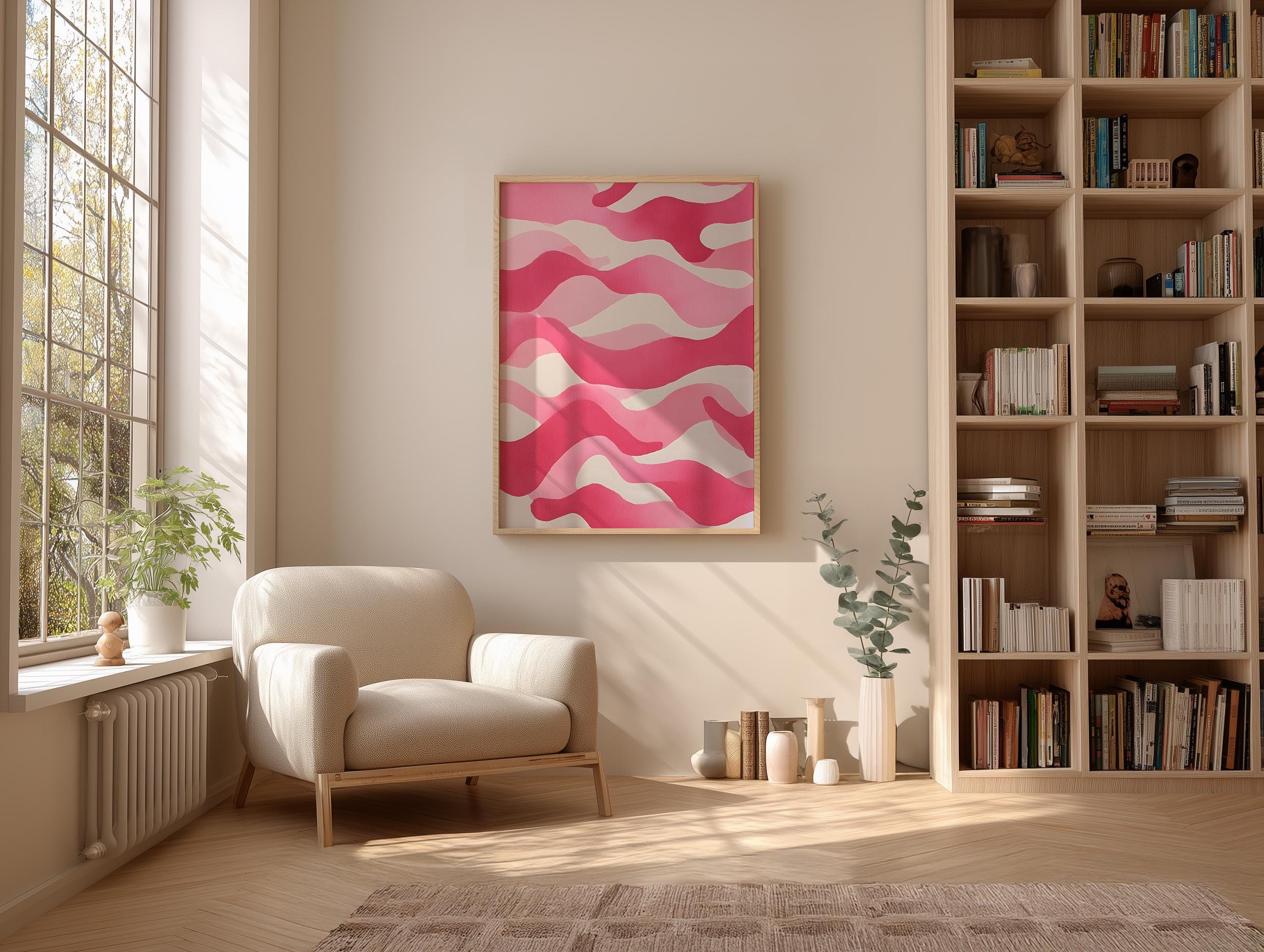 Abstract Pink Wave Wall Art: Minimalist Trendy Red Print, Preppy ...