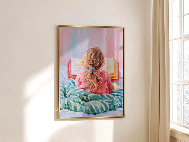 Pastel Girl Reading Wall Art: Girls Room Book Nook Decor (digital ...