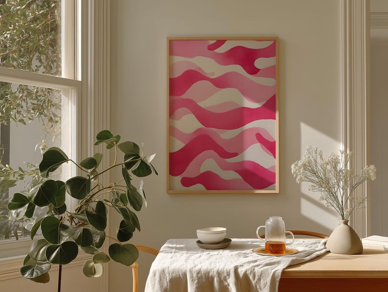 Abstract Pink Wave Wall Art: Minimalist Trendy Red Print, Preppy ...