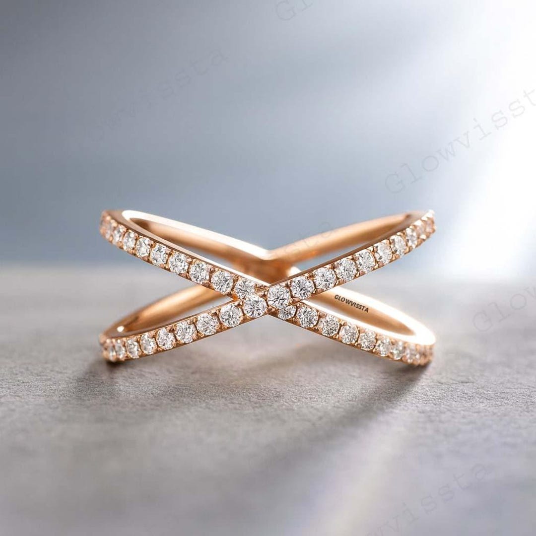 X Ring Diamond Criss Cross Band, 10K Gold Moissanite Micro Pave Ring ...