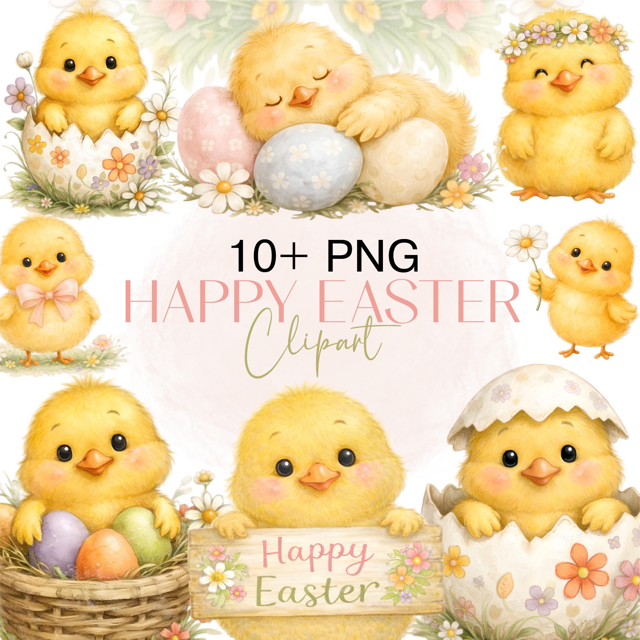 Watercolor Easter Chick Clipart Bundle | Pastel Floral PNG Graphics ...