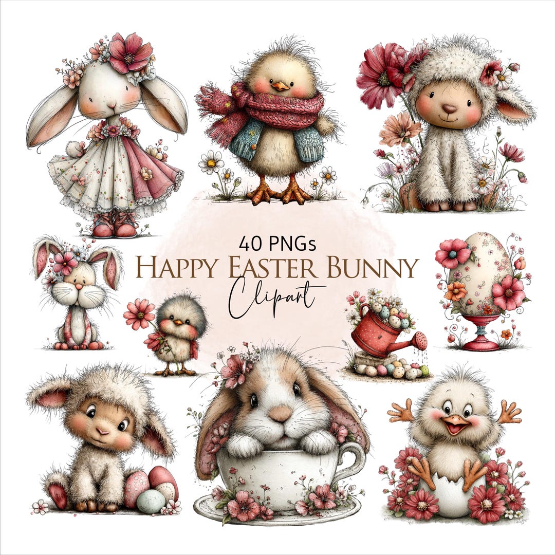 Easter Bunny Whimsical Clipart Set | Adorable 40 PNG Bundle | Digital ...